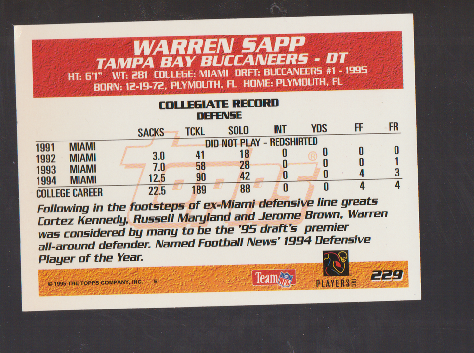 1995 Topps #229 Warren Sapp rookie card, Tampa Bay Buccaneers HOF | eBay