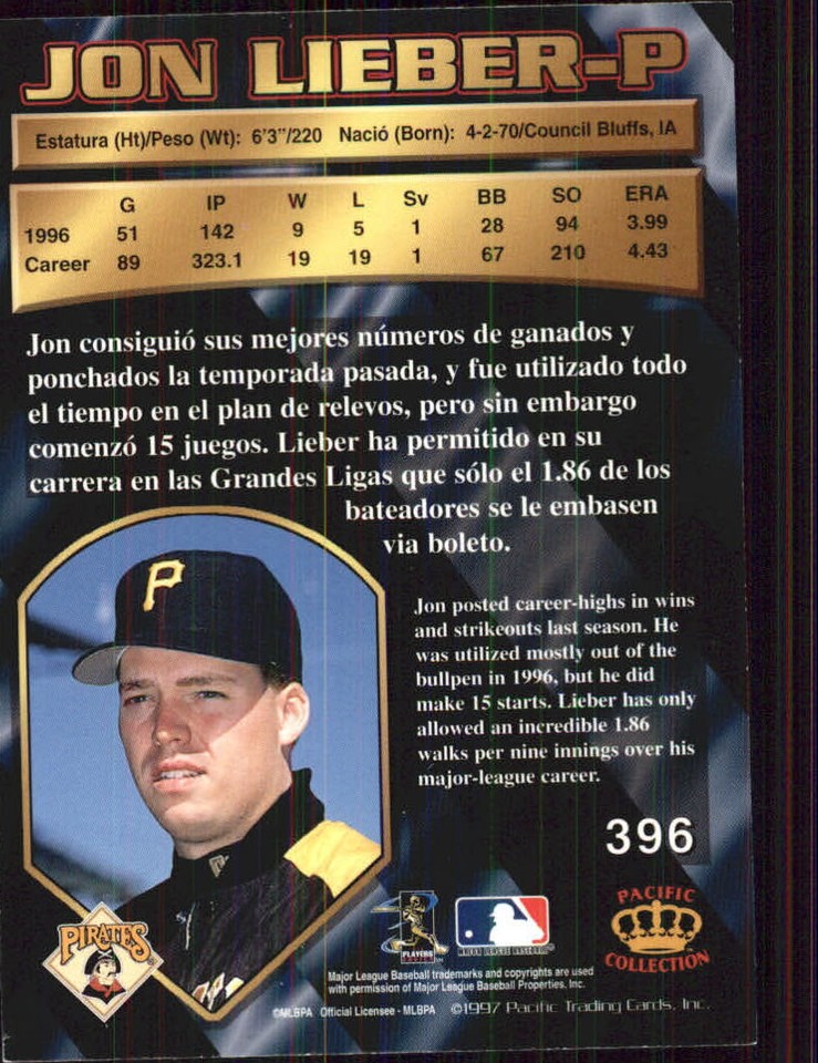 1997 Pacific Pittsburgh Pirates Baseball Card #396 Jon Lieber | eBay