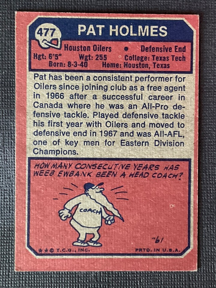 Pat Holmes 1973 Topps Rookie Football Card #477 - Houston Oilers ...