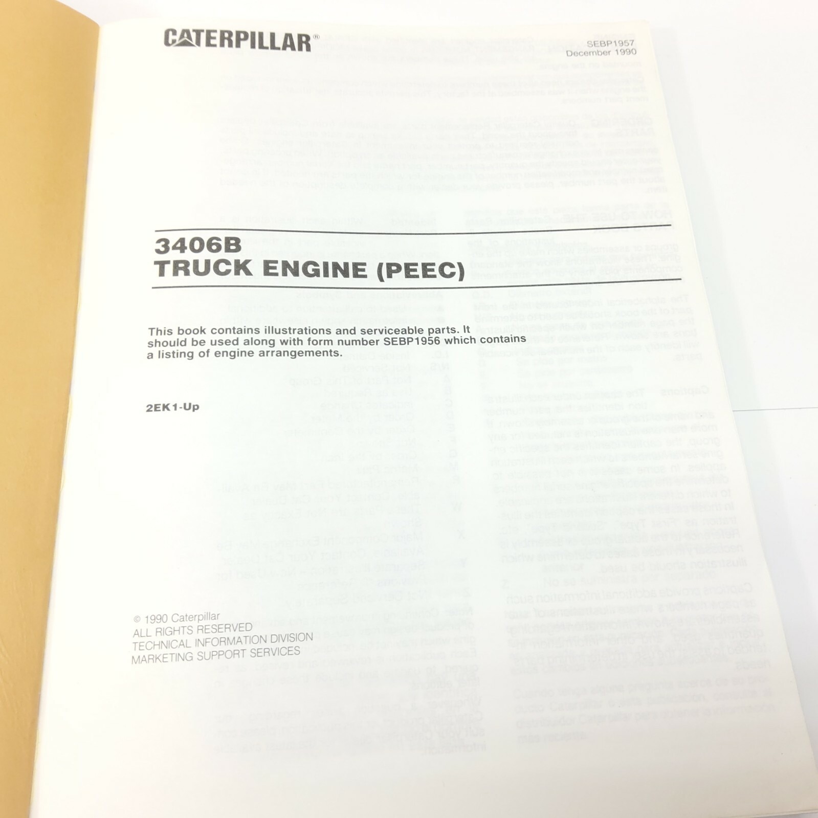 Caterpillar 3406B Truck Engine PEEC Factory Parts Catalog Book Serial ...