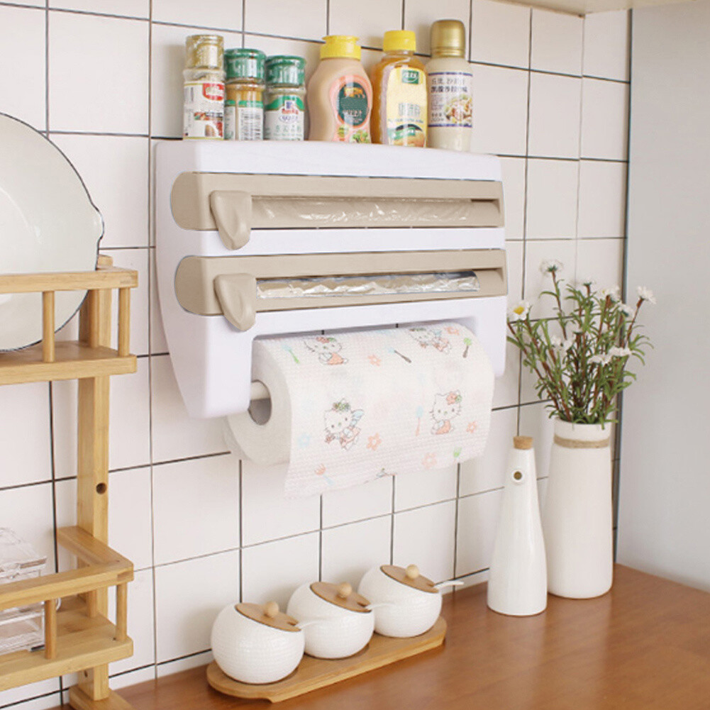6 In 1 Kitchen Cling Film Tin Foil Roll Dispenser Paper Towel Holder