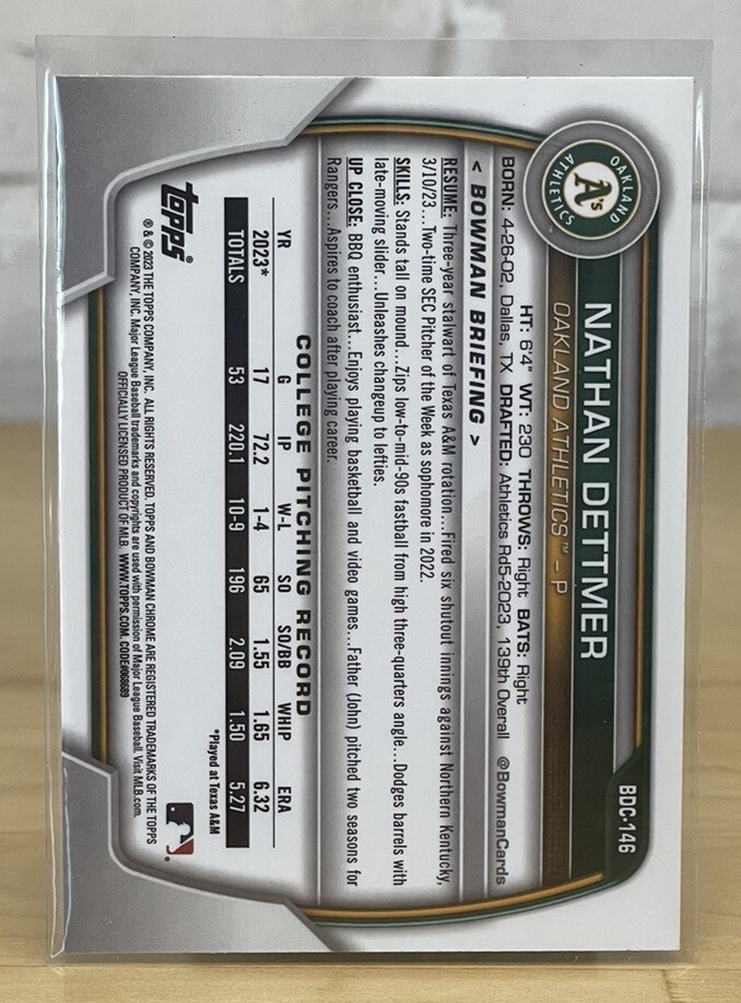 2023 Bowman Draft - Chrome Purple Refractor #BDC-146 Nathan Dettmer 181 ...