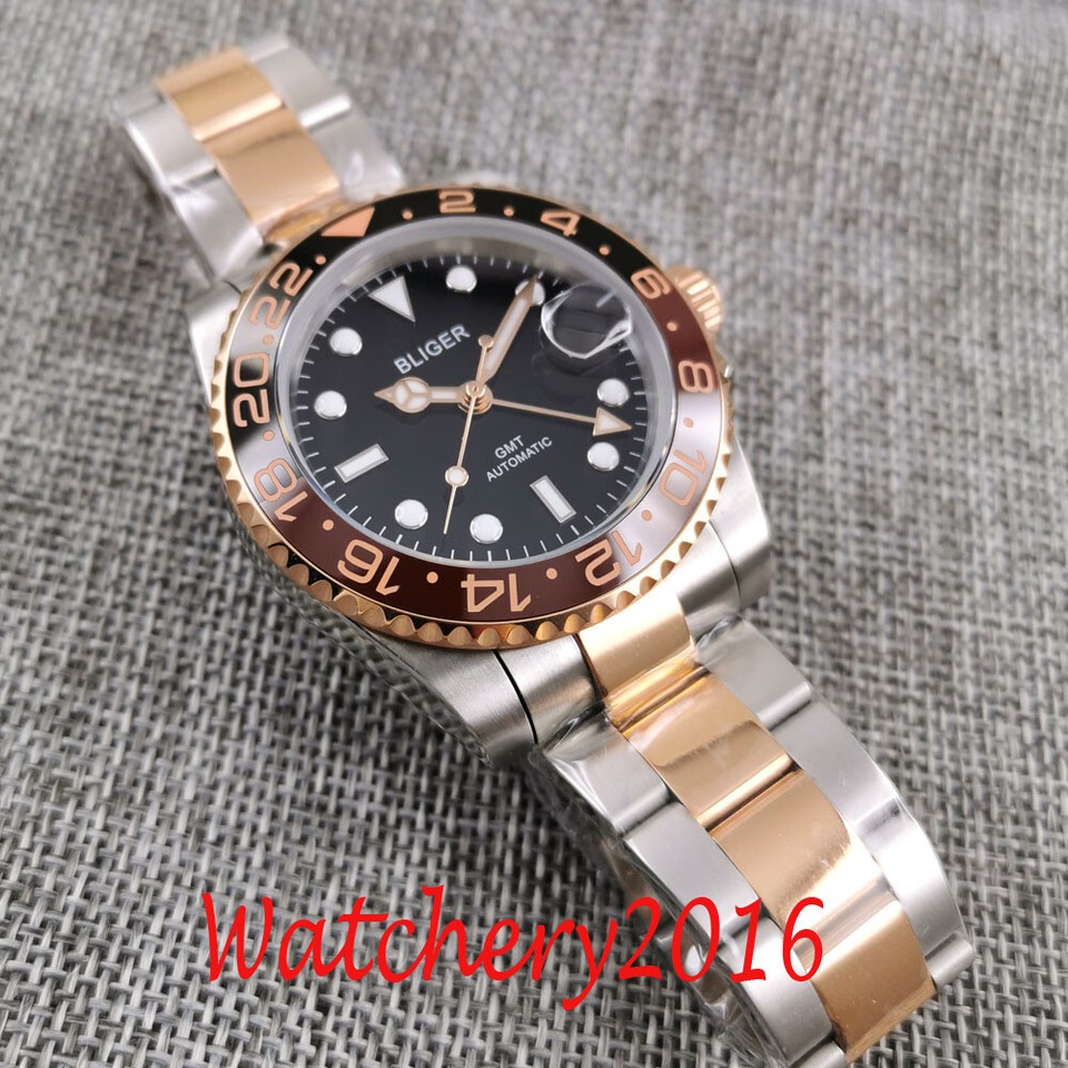 40mm BLIGER GMT Automatic Men's Watch Black Dial Rose Gold Sapphire ...