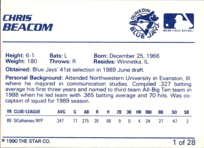 1990 Dunedin Blue Jays Star #1 Chris Beacom Winnetka Illinois IL ...