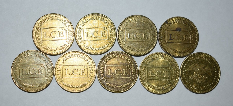 105s. PRISON TOKENS: 9x L.C.F. = LANSING CORRECTIONAL FACILITY, LANSING ...