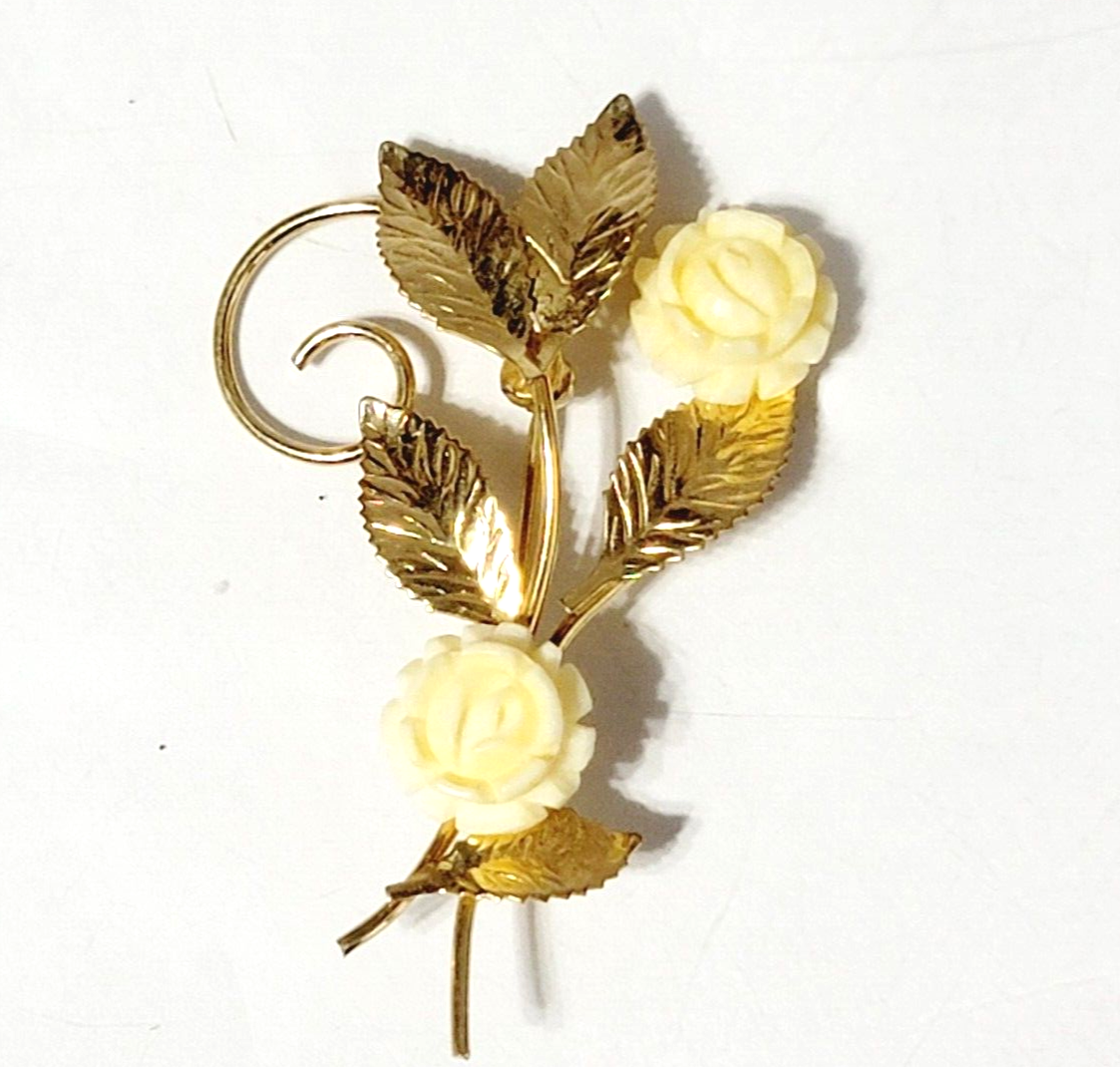 Vintage 14K GF Flower Brooch Pin, 2" White Rose, Signed Carla, Floral ...