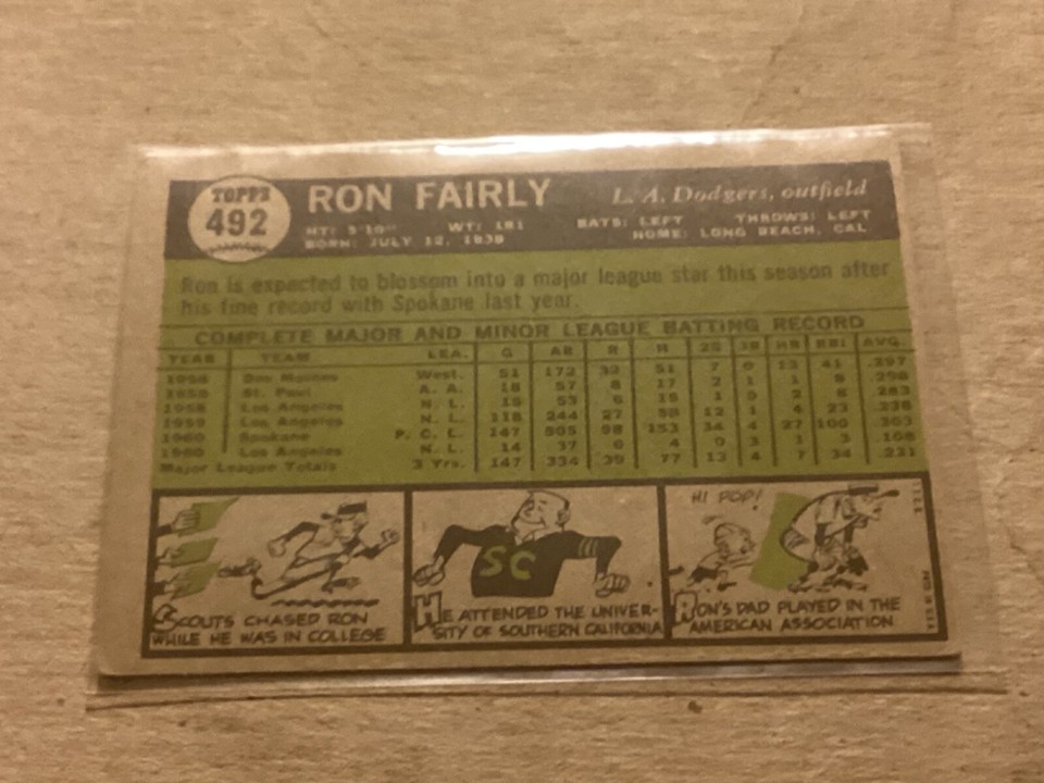 1961 TOPPS BASEBALL High Number #492 RON FAIRLY - Near Mint - Great ...