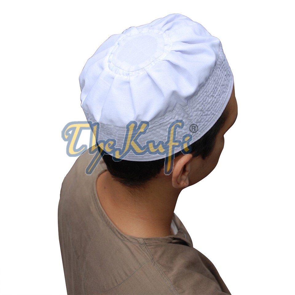 Islamic Kufi Prayer Cap Plain White Pleated-top Fabric Peci Muslim ...