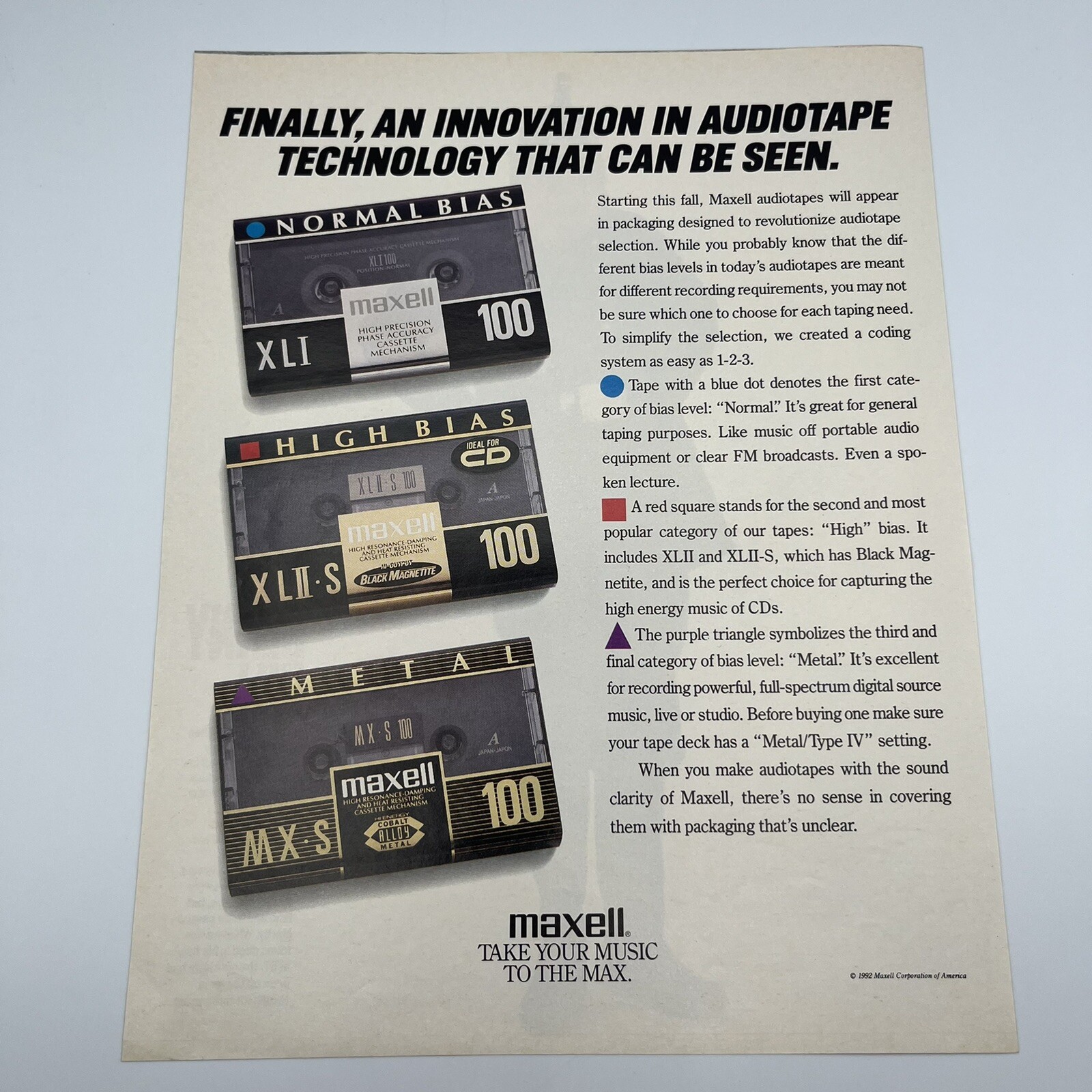 1993 Maxell Audiotape Vintage Print Ad 9.5"x12" color coded bias level ...