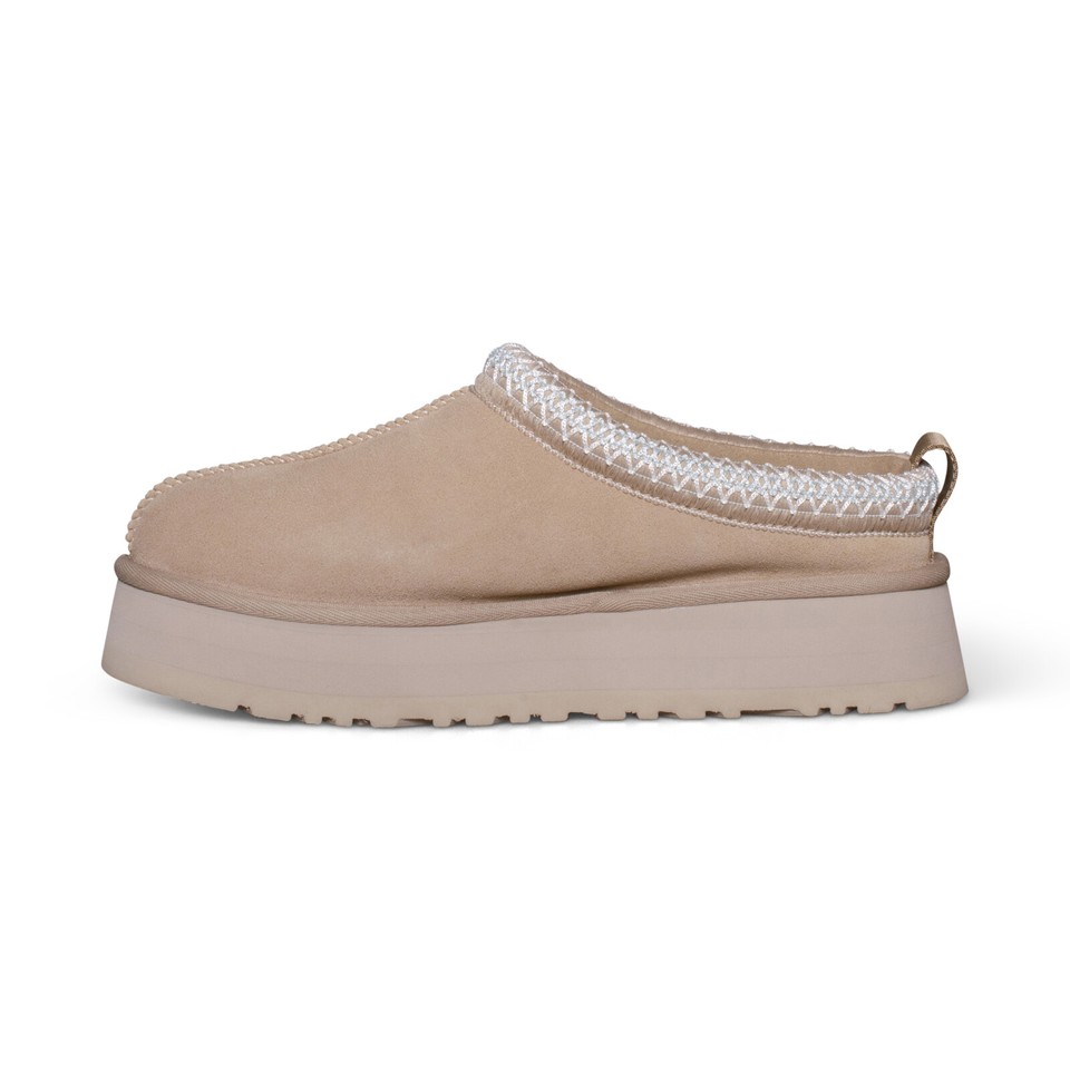 UGG TAZZ SAND SUEDE LINED SHEARLING MULE PLATFORM WOMEN'S SLIPPERS SIZE ...