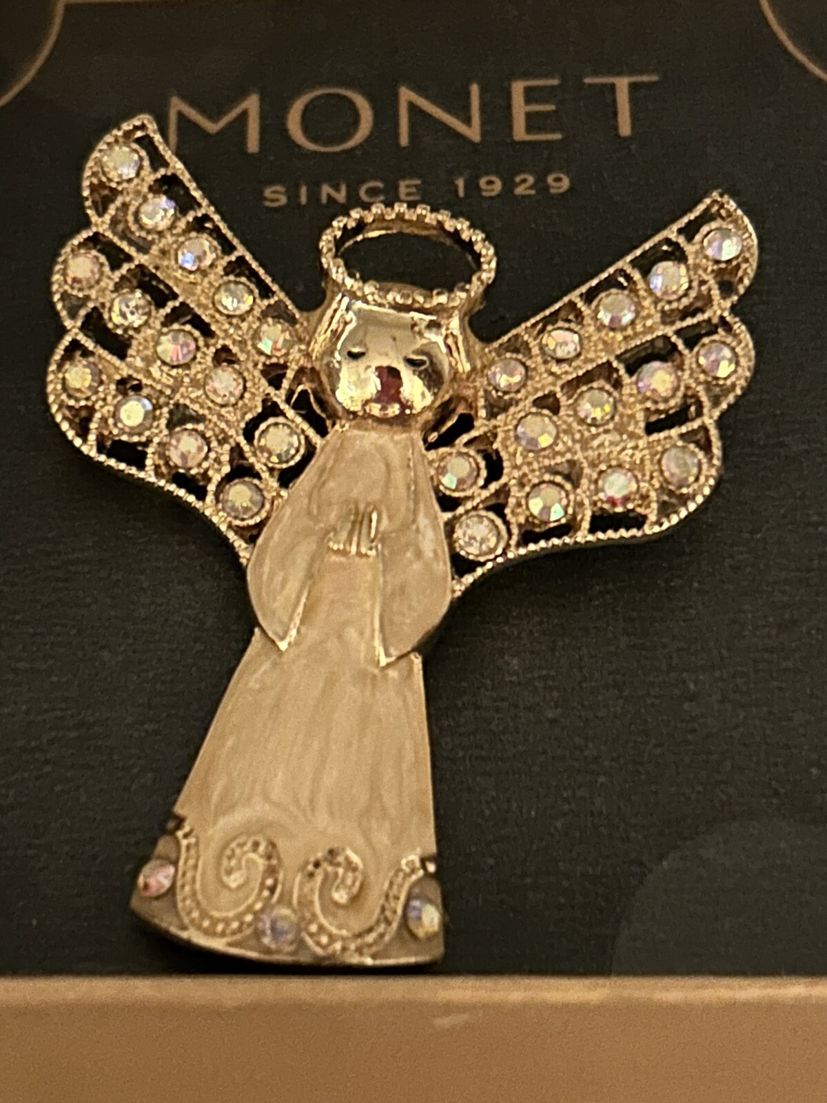 Monet Gold Tone Enameled Angel Brooch Pin With Rhinestone Wings In ...