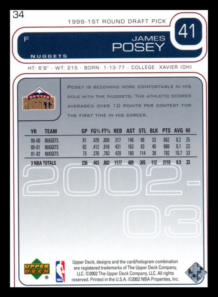2002-03 Upper Deck #34 James Posey NBA Basketball Denver Nuggets | eBay