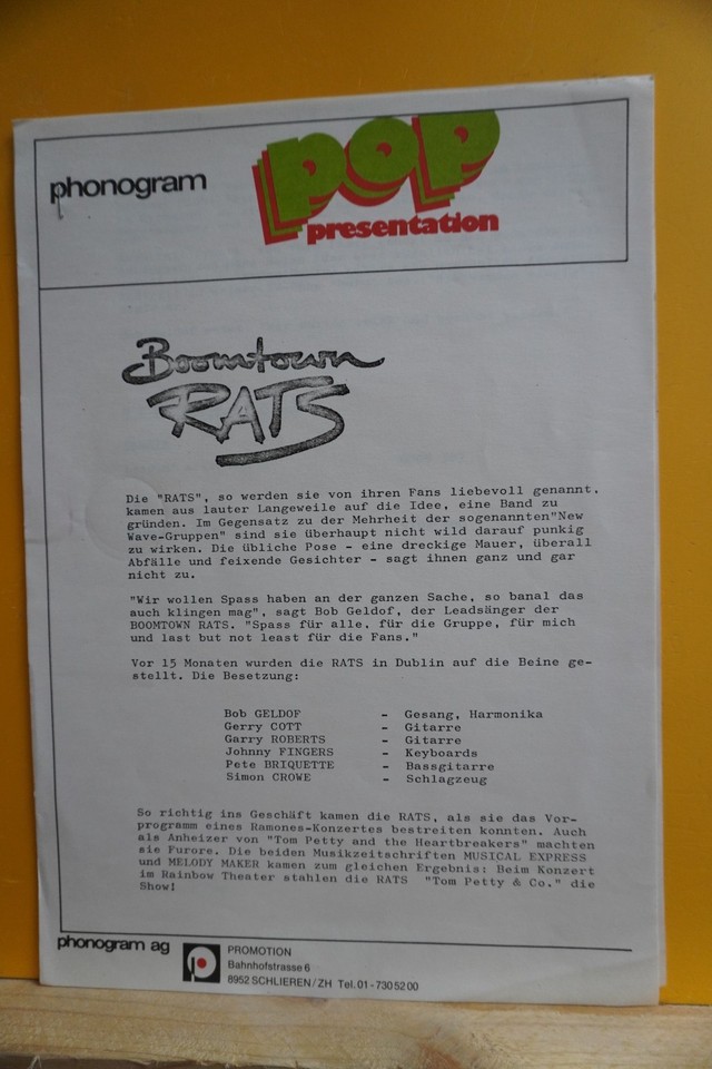 THE BOOMTOWN RATS (BOB GELDOF) - Punk++Original+Lbl+PROMOTION SHEETS ...