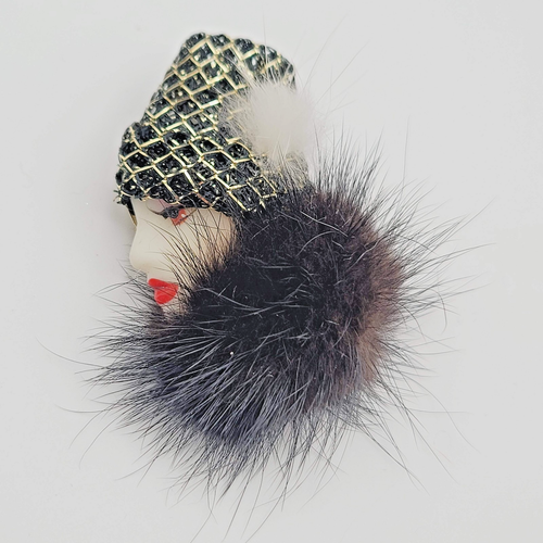 Vintage Black Mink Fur & Porcelain Hand Painted Lady Face Brooch Pin ...