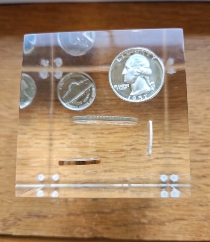 Vintage Lucite Acrylic Paperweight 1957 90% Silver Floating Coins Set ...