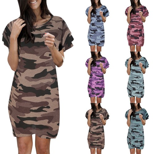 Women Crewneck Camo Print Dress Loose Casual Summer Short Sleeved Loose ...