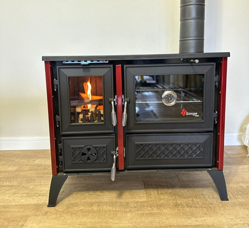 Red enameled wood burning stove with oven, wood cook stove, range stove ...