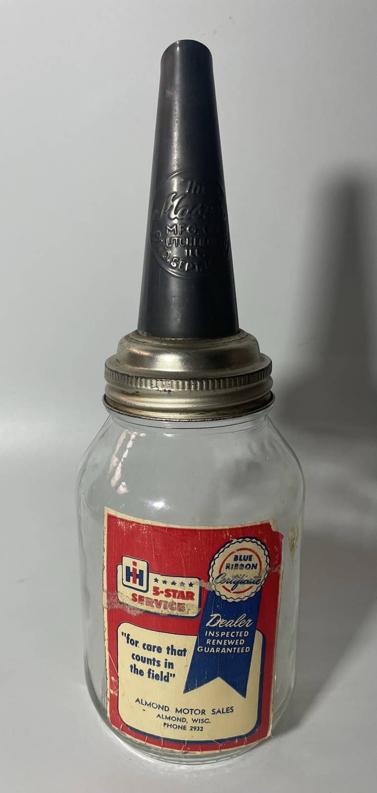 Vintage 1926 MFG. CO. Metal Oil Spout & Glass Bottle Almond Motors ...
