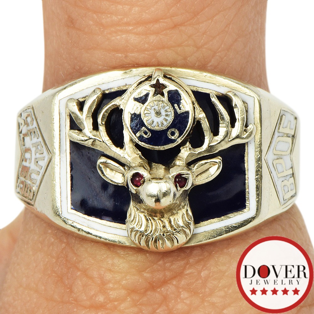 Estate Garnet 10K Yellow Gold BPOE Elk Head Enamel Men's Ring 11.1 ...