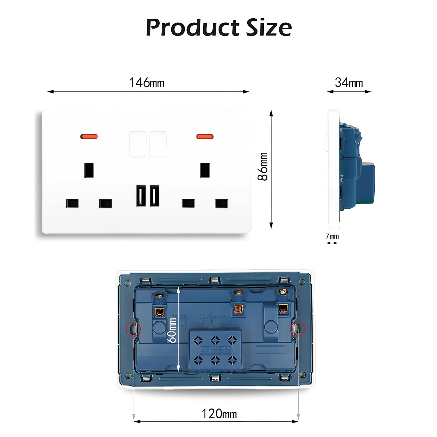 1-5PC Double Wall Plug Socket 2 Gang 13A 2 Charger USB Ports Outlets ...