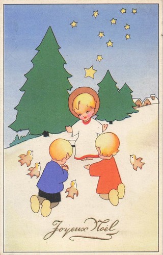 CP ILLUSTREE ENFANT JESUS BENIT ENFANTS PRIANT SAPINS ETOILES OISEAUX ...