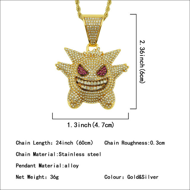 Hip Hop Jewelry Pokemon Gengar Necklace Pendant Cubic Zircon Copper ...