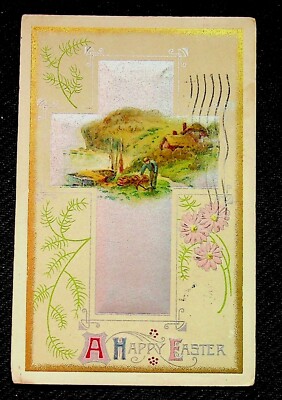 A Happy Easter, DB, Winsch Back, Pink Flowers, Boat, Hut, Posted 1911 ...