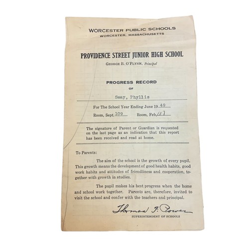 1940s Worcester MA Providence Street Junior High School Report Card ...