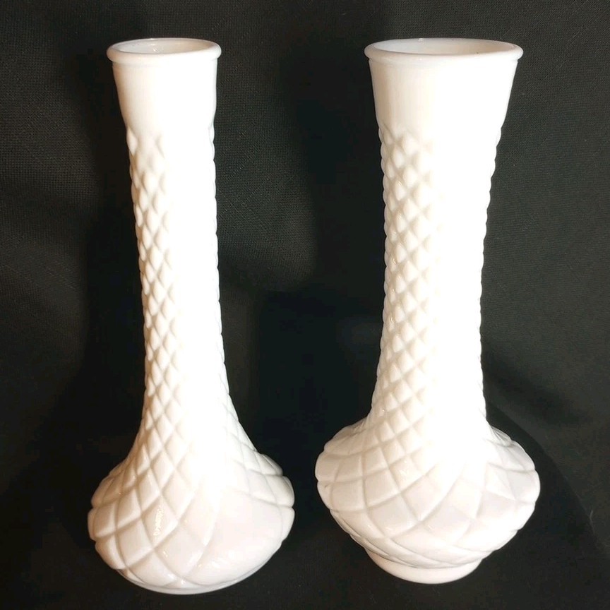 2 Vtg White Milk Glass Bud Vases Randall & Hoosier Raised Diamond Quilt ...