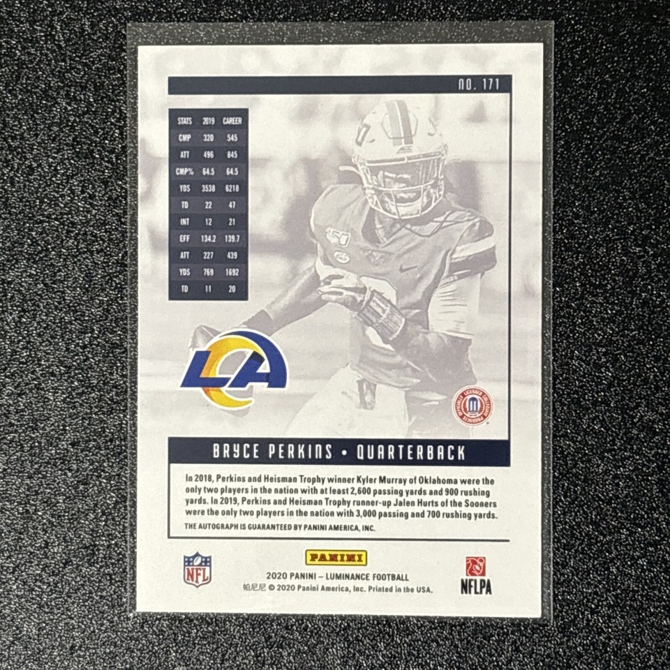 2020 Luminance Bryce Perkins Gold Rookie RC Auto Autograph #26/100 Rams ...