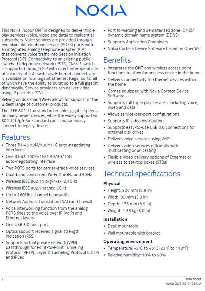 Nokia New XS-2426X-A XGS PON ONT with Wi-Fi 6 802.11ax Access Point, US ...