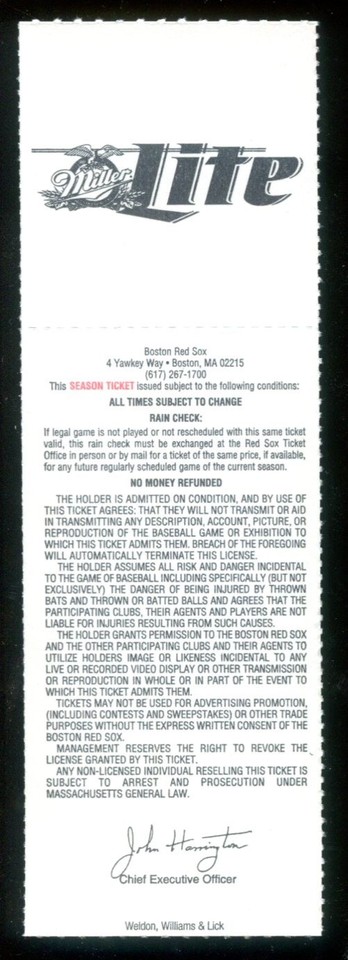 1998 Sept 26th Red Sox Orioles Ticket Dennis Eckersley Final Regular ...