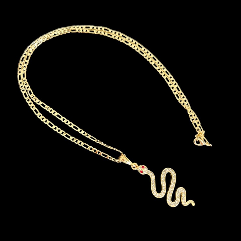 14k Gold Plated Red Eye Snake Necklace 24" Chain with Cubic Zirconia ...