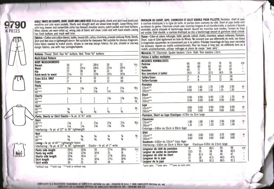 9790 Vintage Simplicity Sewing Pattern Girls Pants Shorts Skirt Shirt ...