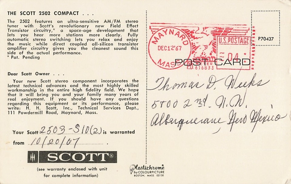 H H Scott 2502 Compact Stereo Postcard Maynard MA 1967 Vintage Audio | eBay