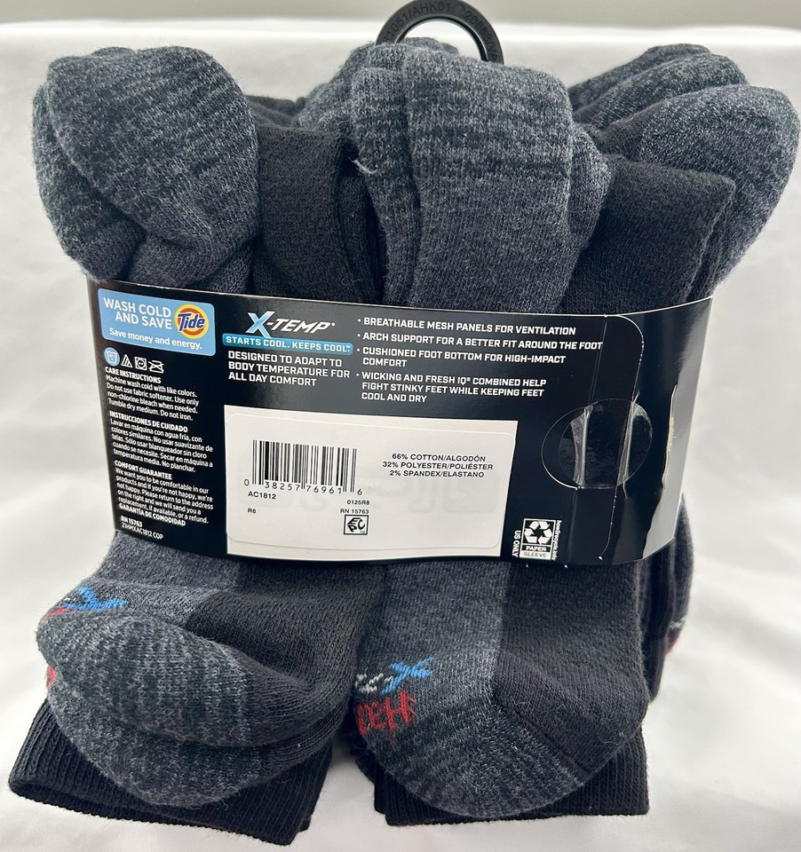 Hanes Men's Cushioned Crew 12- Pack Black Socks X-Temp Odor Control ...