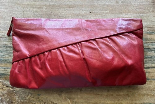 Vintage 80s 90s Brick Red Ruched Leather Clutch Purse | eBay