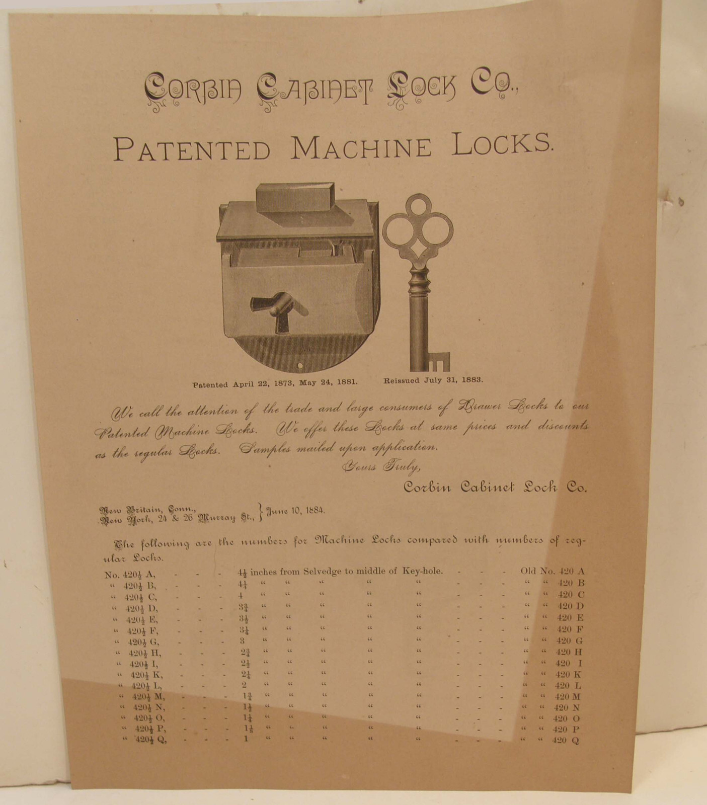 ANTIQUE 1884 ILLUSTRATED CATALOGUE PAGE CORBIN LOCK CO MACHINE DRAWER ...