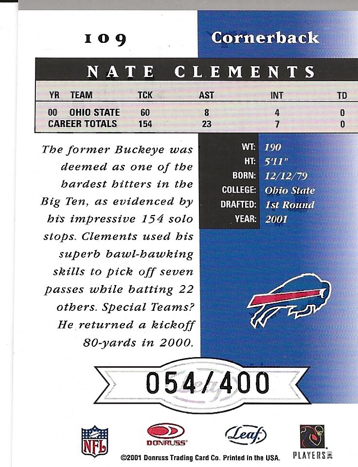 2001 Leaf Certified Materials #109 Nate Clements RC | eBay