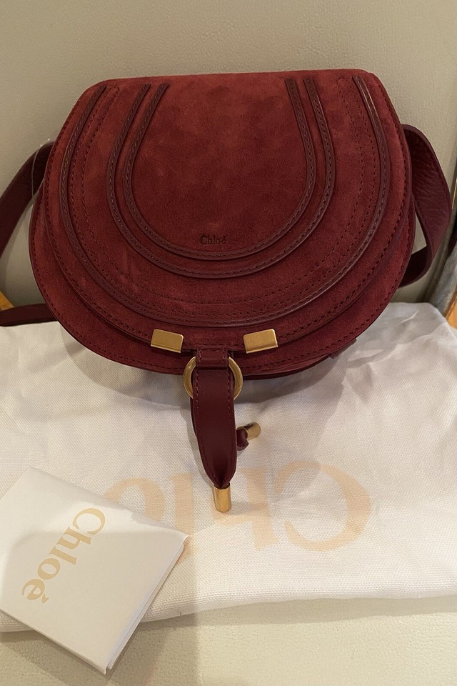 New CHLOE Marcie Cross-body Shoulder bag,SPAIN,Wine Dark Ruby Suede ...