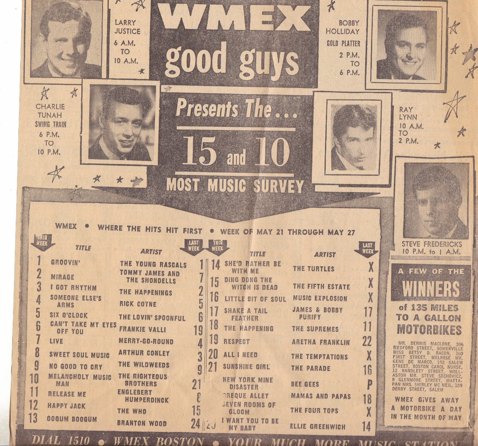 WMEX Boston Top 40 Radio Music Survey 5-21-67 Charlie Tuna Wildweeds #9 ...