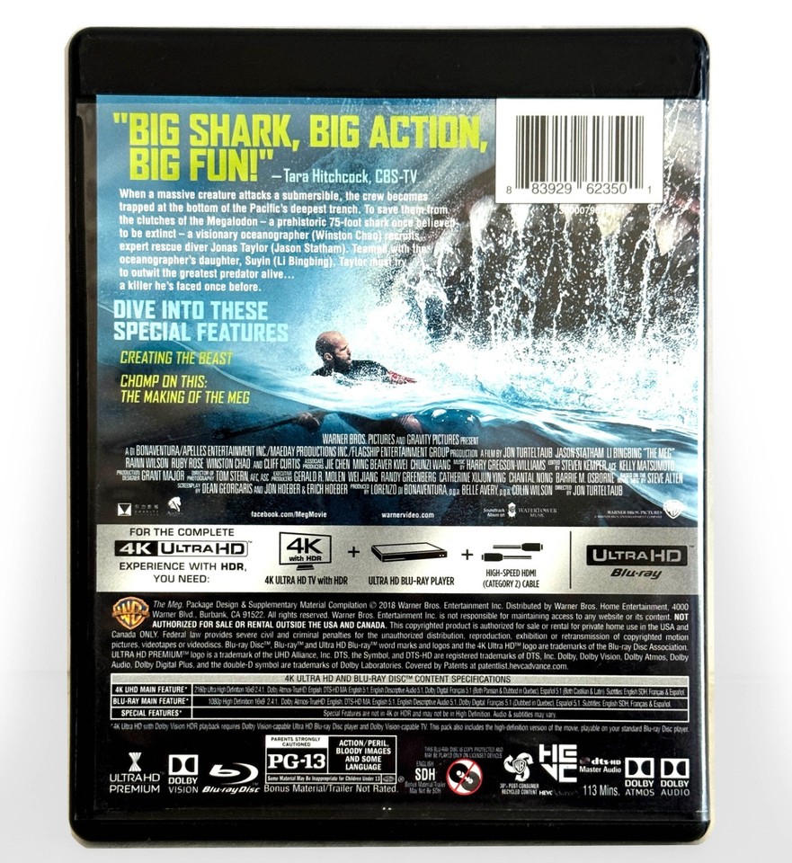 The Meg (2-Disc 4K Ultra HD/Blu-ray, 2018, Widescreen) Like New ! Jason ...