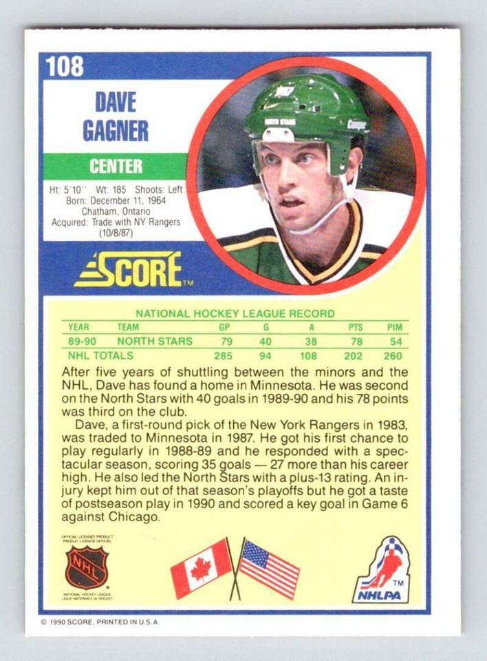 Dave Gagner 1990-91 Score #108 North Stars ID:26628 | eBay