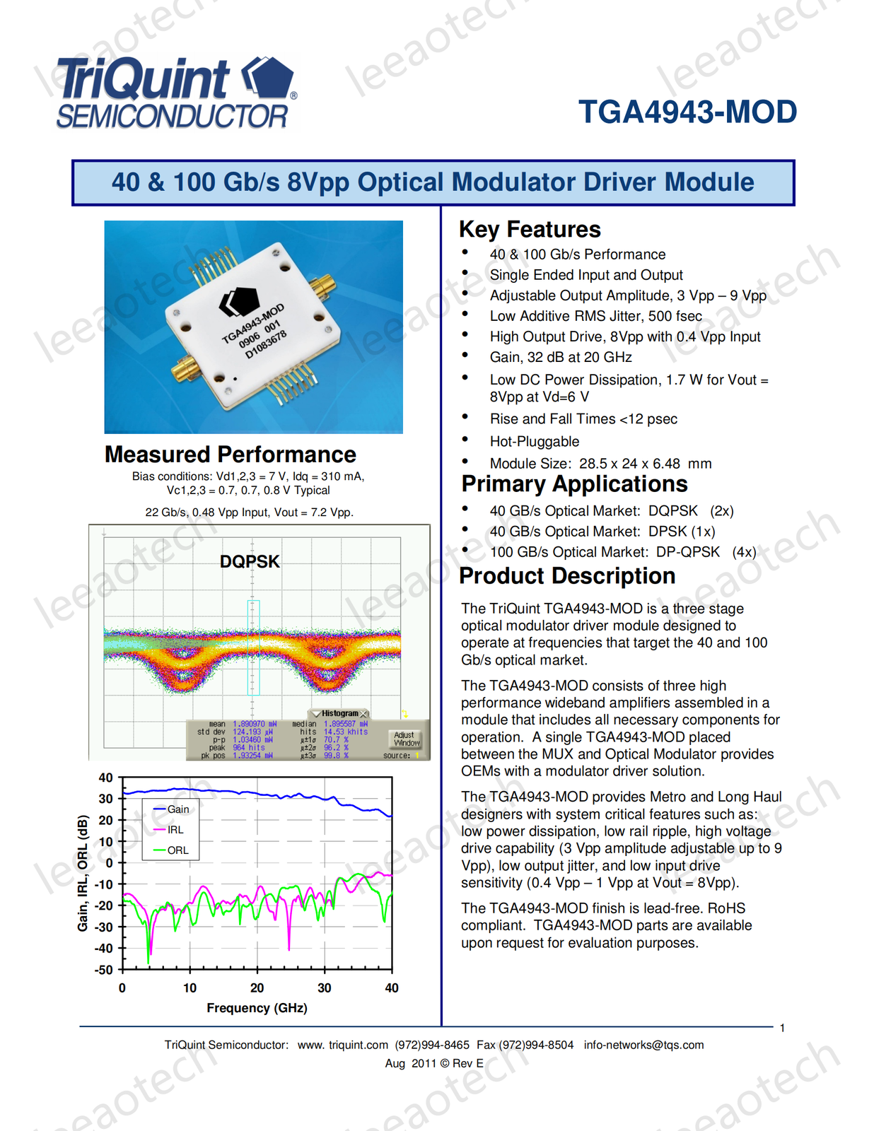 TriQuint TGA4943 40G DPSK 100G DP-QPSK 8V Optical Modulator Driver 32dB ...