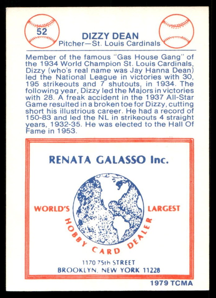 1979 Galasso Glossy Greats #52 Dizzy Dean St. Louis Cardinals MINT | eBay