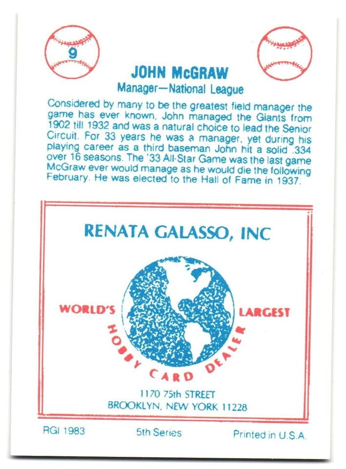 John McGraw 1983 Renee Galasso, Inc. MLB Card #9 | eBay