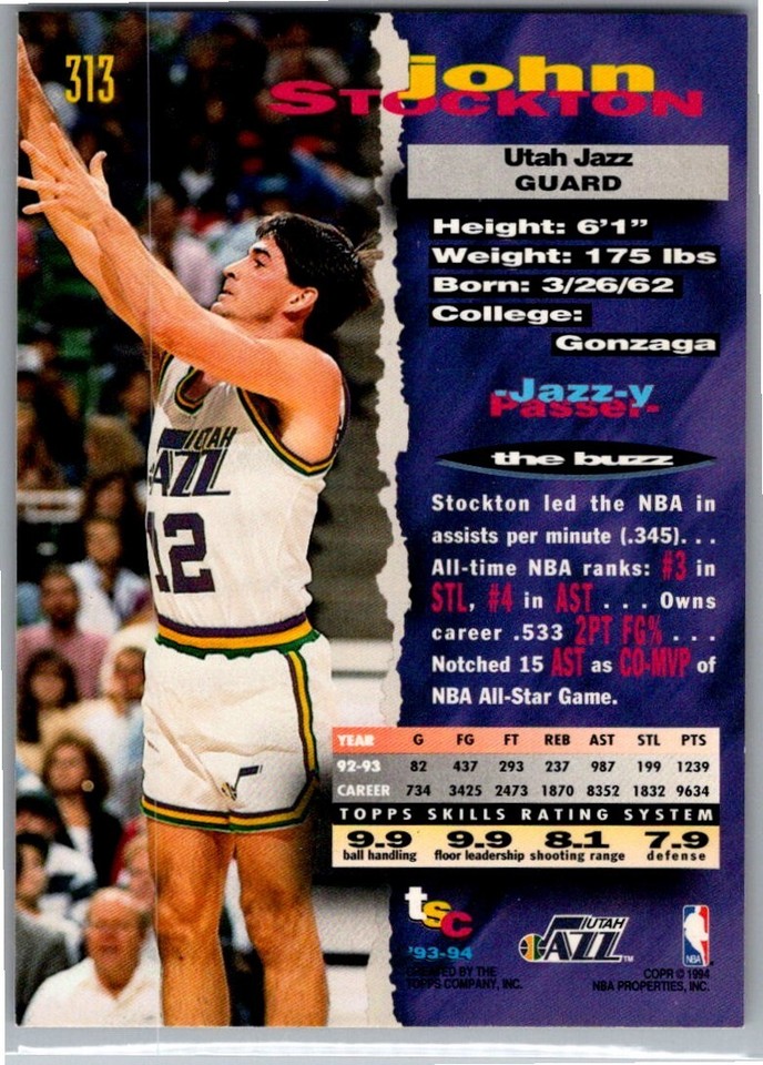 John Stockton 1993-94 Topps Stadium Club Card #313 NBA Utah Jazz | eBay
