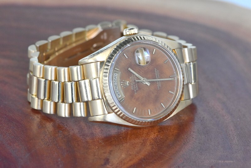 1979 Rolex President 18038 18K Gold Burled Birch Wood Day Date Dial ...