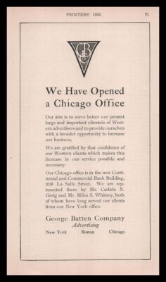 1914 George Batten Advertising Agency "We Have Opened A Chicago Office ...