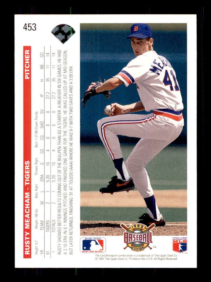 1992 BASEBALL 1992 Upper Deck Rusty Meacham Detroit Tigers #453 1 | eBay
